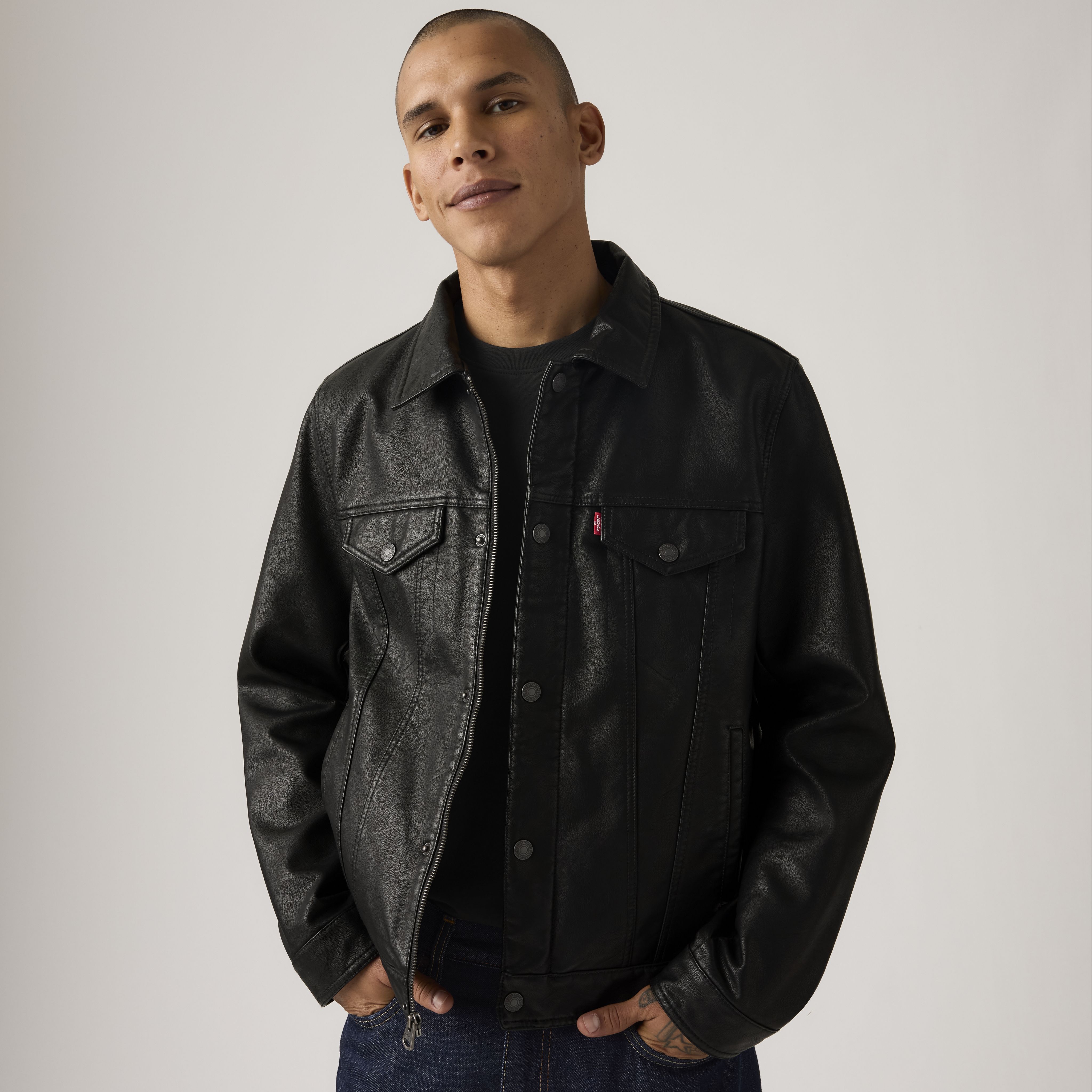 Levi'S Faux Leather Trucker Jacket - Black W Chambray Lining - 35